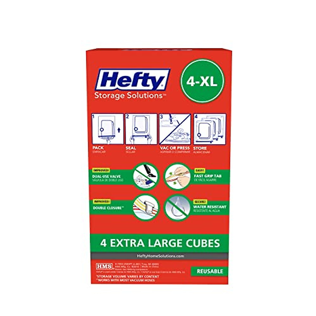 Hefty Shrink-Pak – 4 Extra Large Vacuum Seal Storage Bags – Space Saver Bags for Clothing, Pillows, Towels, or Blankets, 4 x XL Cubes