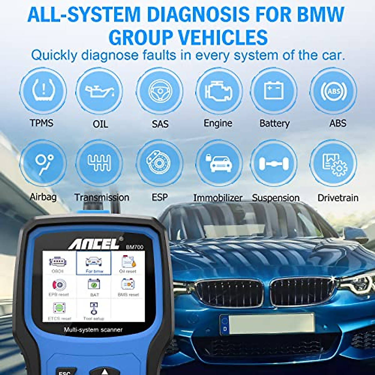 ANCEL BM700 Battery Registration Tool Fits for BMW, Full Diagnostic Tool Professional SRS Airbag Reset Scan Tool for Mini Cooper OBD1 OBD2 Scanner Car Engine Code Reader Injector Coding Oil Reset