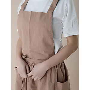 FADUOFA Cotton Linen Apron Japanese Style Waterproof Aprons With Pockets for Kitchen Cafe Flower Shop Smock (Light Brown)