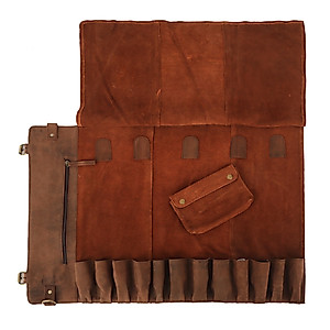 Chef's Knife Roll Case Heavy Duty Holds 12 Knifes Kitchen Storage Cutlery Carrier Zipper For Culinary Tools Easily Carried By Shoulder Straps For Professional Chef's Great Gift (Buff Leather)