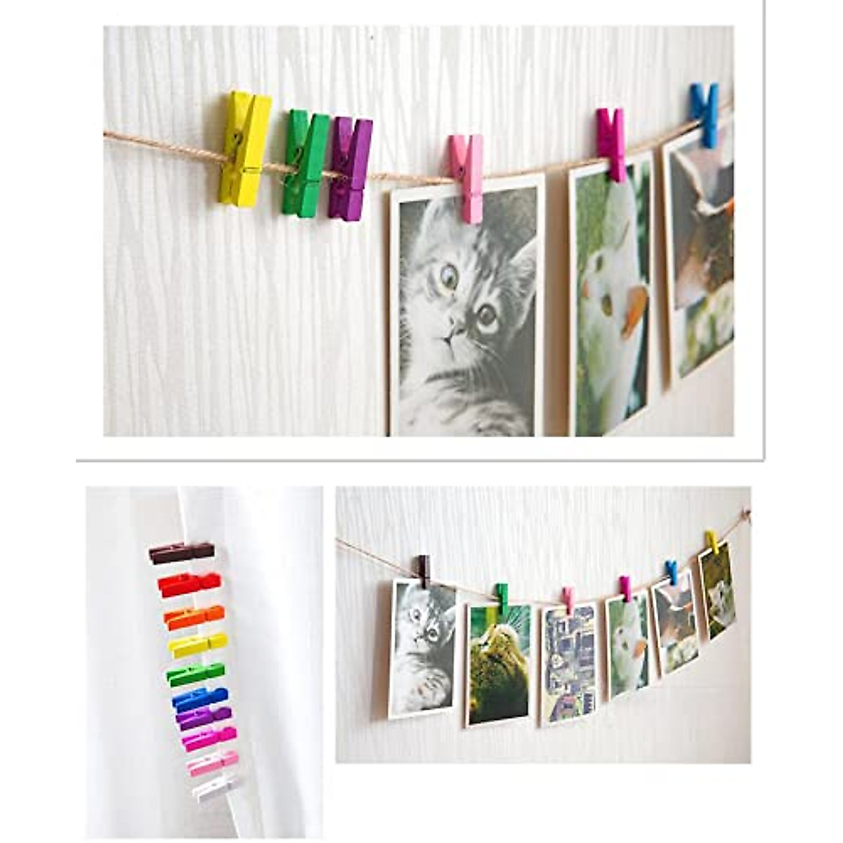200 Pack Colored Wooden Clothes Pins, 10 Colors Wooden Clothes Pins with 66FT Jute Twine, Rainbow Clips for Photos, Pictures, Clothing Hanging (1.89 in)