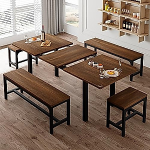 Feonase 5-Piece Dining Table Set for 6-10 People, 63" Large Extendable Kitchen Table Set with 2 Benches and 2 Square Stools, Dining Room Table with MDF Wood Board, Easy Assembly, Walnut
