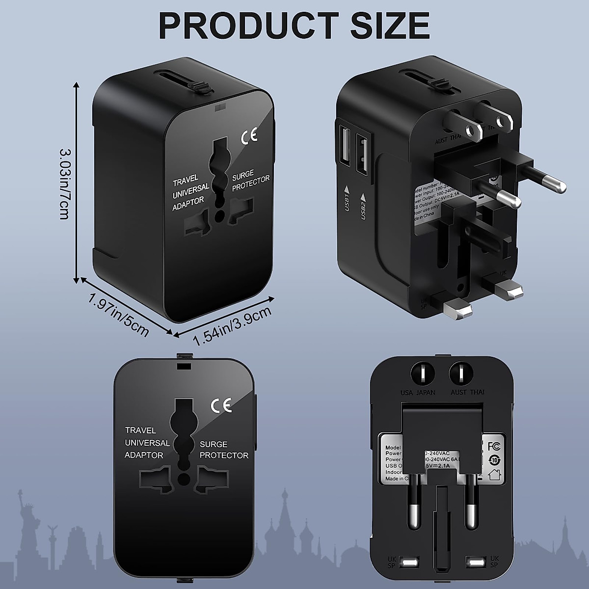 Universal Worldwide Travel Adapter,International Travel Plug Adapter with 2 USB Port and AC Socket,All in One Travel Adapter Power Adapter for US UK EU AU