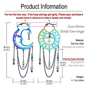AntDear Asymmetrical Sun and Moon Earrings for Women Dangling, Rainbow Boho Earrings Star Tassel Chain Drop Dangle Statement Earrings Stainless Steel Bohemian Jewelry (Rainbow)