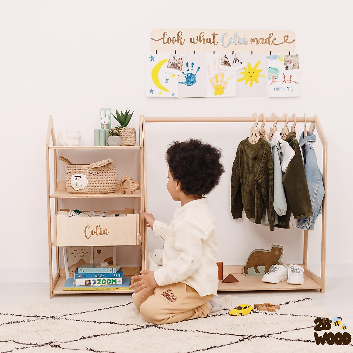 Personalized Small Clothes Rack for Hanging Clothes - Kids Dresser Dress Up Rack For Little Girls Clothing Rack for Kids Boys Toddler - Montessori Shelf Wardrobe Closet For Baby Clothes Kids Furniture