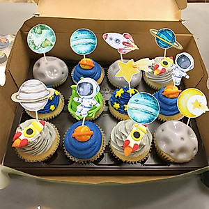Ephlyn 36Pcs Space Astronaut Cupcake Toppers Planet Rocket Spaceship Trip to the Moon Star Cupcake Food Picks Universe Outer Space Theme Baby Shower Kids Birthday Party Supplies Blue