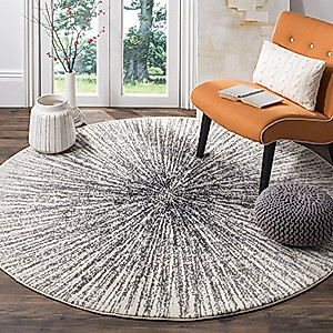 SAFAVIEH Evoke Collection Area Rug - 8' Round, Black & Ivory, Abstract Burst Design, Non-Shedding & Easy Care, Ideal for High Traffic Areas in Living Room, Bedroom (EVK228K)