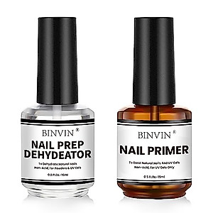 Binvin Gel Nail Polish Nail Dehydrator and Primer, 15ml Acid Free Natural Nail Prep Dehydrator & Bond Primer, Air Dry Superior Bonding Primer for Acrylic Powder Nail Supplies Set