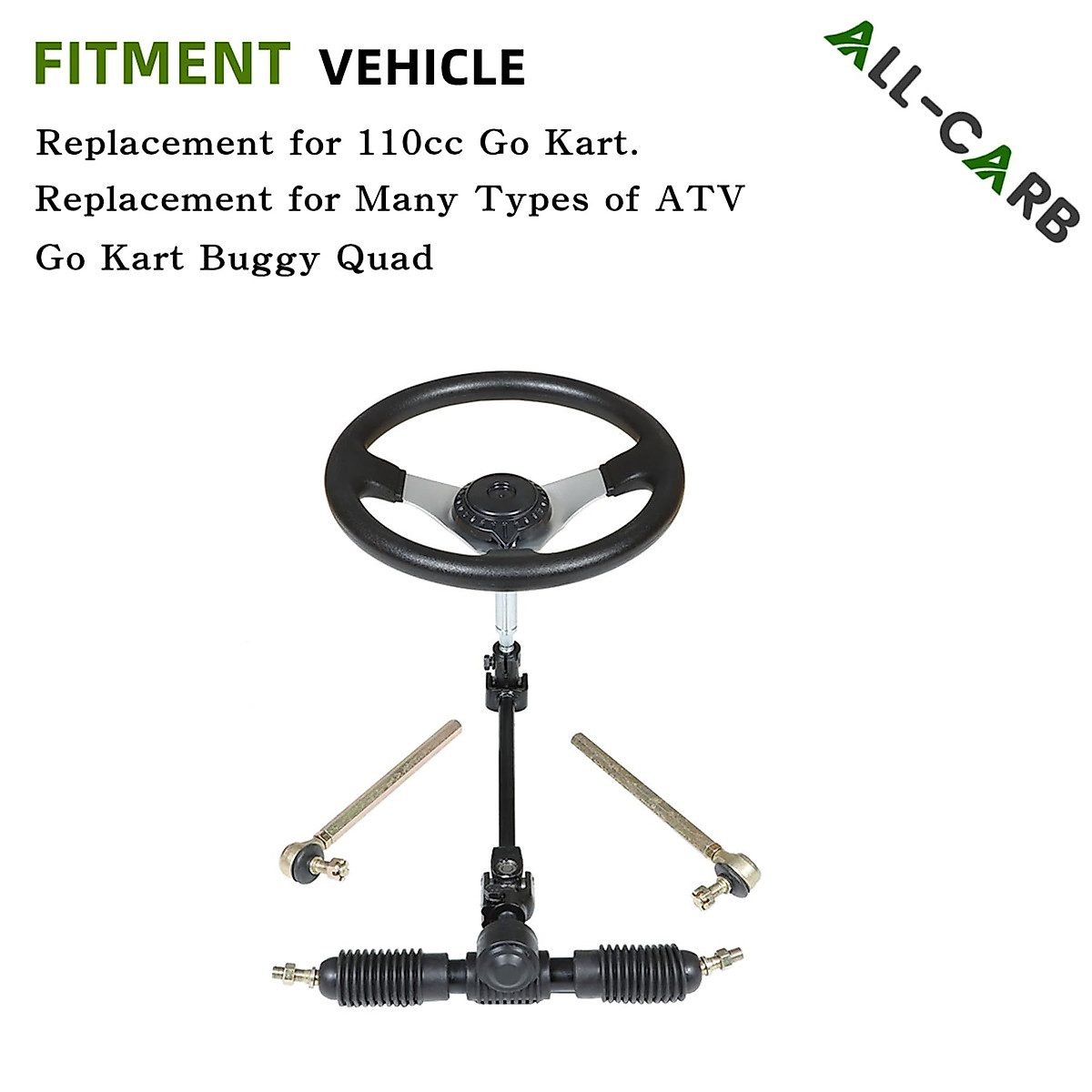 ALL-CARB Go Kart 300mm Steering Wheel Steel Kit Gear Rack Pinion 320mm Adjustable Tie Rod Rack Shaft Assembly Replacement for 110cc Go Kart