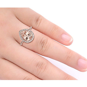 Halo Teardrop Pear Simulated Morganite Bridal Ring Rose Tone Plated 925 Sterling Silver, Size-6