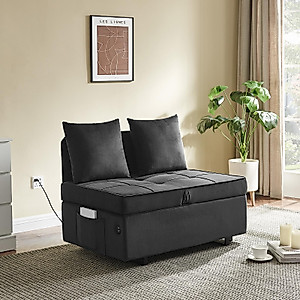 Convertible Sofa Bed 4-in-1 Velvet Sleeper Sofa Chair Bed Pull Out Futon Couch Bed with USB Ports 5 Adjustable Backrest and Pillow Fold Out Ottoman Bed for Adults Small Spaces Living Room, Dark Grey