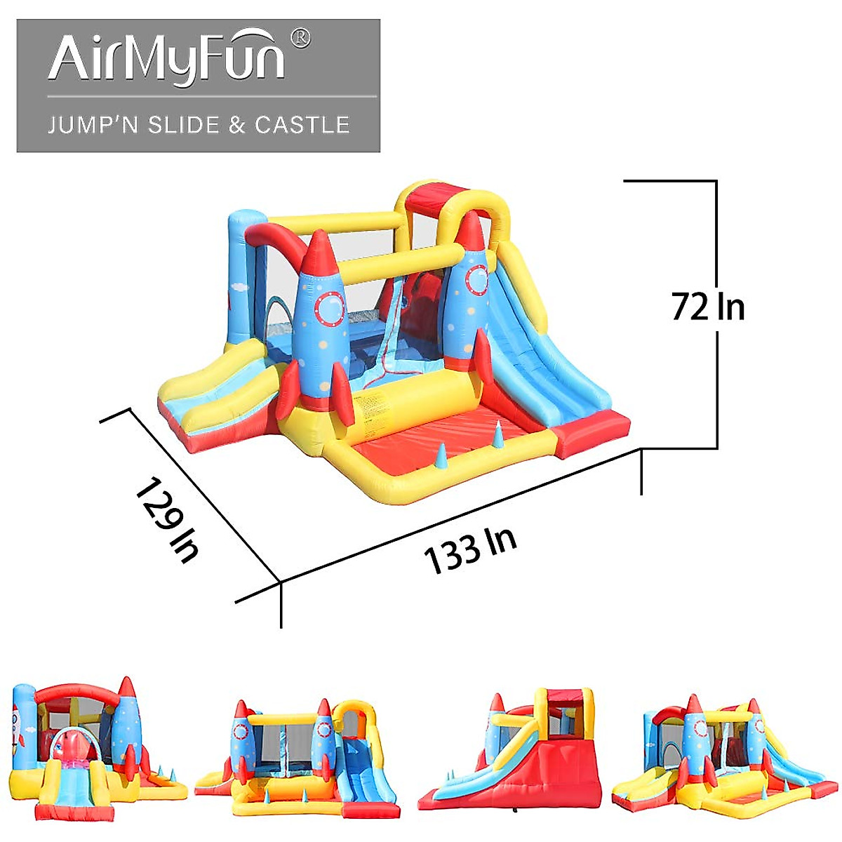 AirMyFun Inflatable Bounce House,Bouncy Castle with Air Blower,Play House with Ball Pit,Inflatable Kids Slide,Jumping Castle with Carry Bag(Rocket Theme)