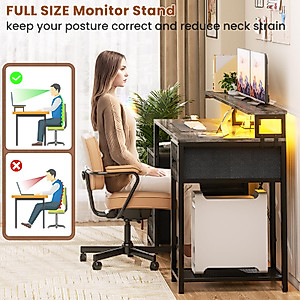 Aheaplus Computer Desk with 3 Drawers, Home Office Desk with File Drawer & Power Outlet, 59'' Gaming Desk with Led Lights, Work Desk with Storage Shelves, Printer Cabinet and Monitor Shelf, Grey Oak