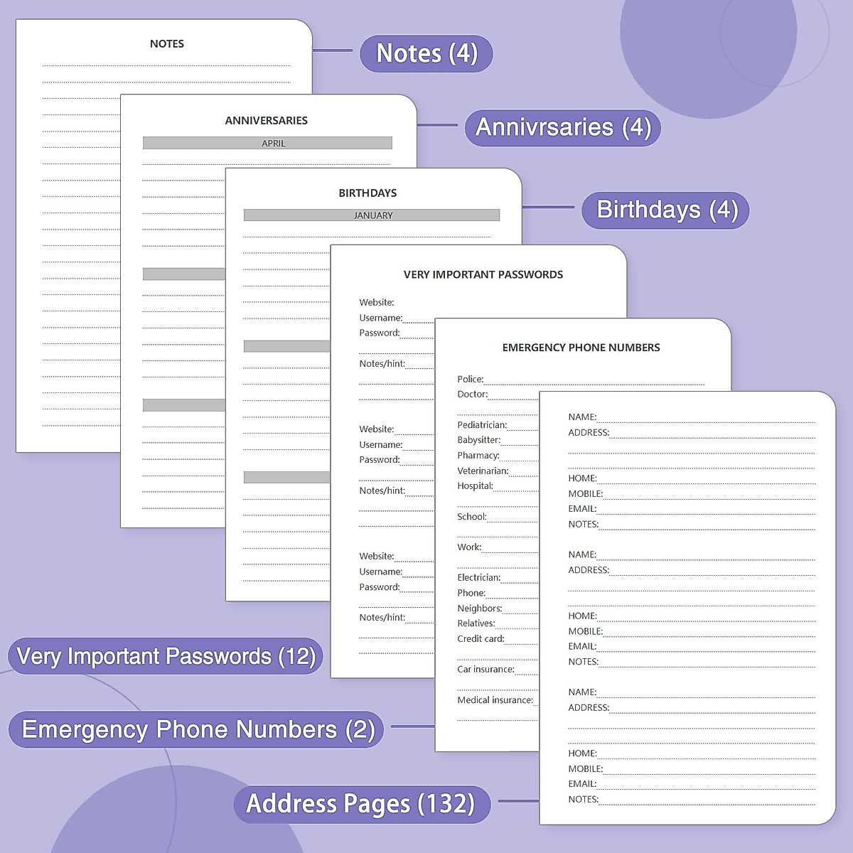 Address Book with Alphabetical Tabs, Hardcover Password Book, Address Organizer Keep Track of Phone Numbers, Special Days, Birthdays, Anniversaries and Notes (5.3'' x 7.7", Purple)