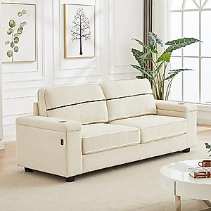 Miscoos 86.5" Deep Seat Loveseat Couch-Corduroy Sofa with Storage Armrests, Oversized Loveseat Couch with Charging Ports, 3 Seater Big Comfy Couch with Cup Holders, I-Shape Couches for Living Room