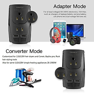 Upgraded 2000W 220V to 110V Voltage Converter Step Down Voltage for Hair Dryer,Straightener,Curling Iron,Cell Phone Power Converter with 2-Port USB and UK/AU/US/EU 10A Plug Adapter (Black-Write)