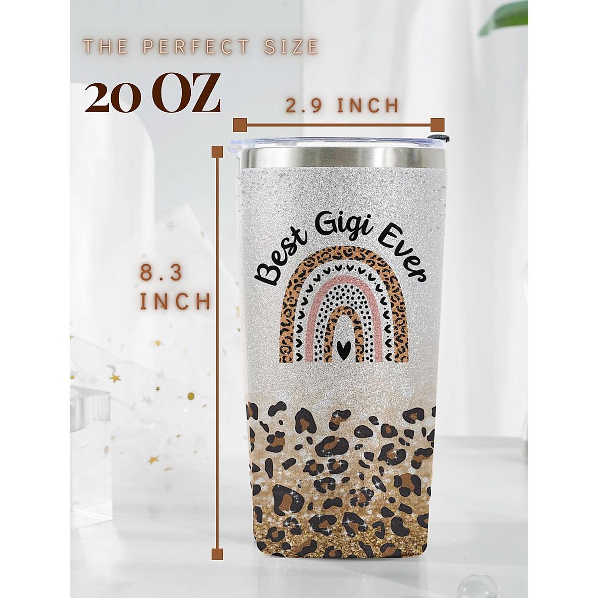 Onebttl Gigi Gifts from Granddaughter, Grandson, Insulated Stainless Steel Wine Tumbler with Lid and Straw, for Grandma on Mother's Day, Birthday, Christmas, Best Gigi Ever, Glitter Silver, 20 oz