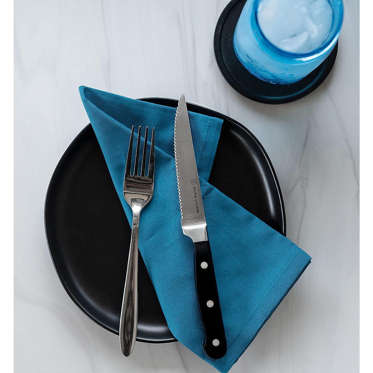 DURA LIVING Premium 4-Piece Steak Knife Set – Sharp Serrated Blades, Forged High Carbon Stainless Steel, Full Tang, Ergonomic Handle, Royal Blue – Ideal for Dining & Entertaining