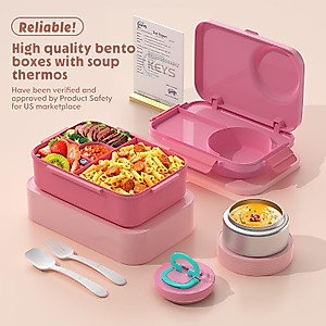DaCool Lunch Box Kids Bento Box 7.5 Cups with 4-Compartment Leakproof BPA Free Toddler Girls Lunch Containers with Fork Spoon for Meal Snack On-the-Go School Picnic, Microwave Dishwasher Safe, Pink
