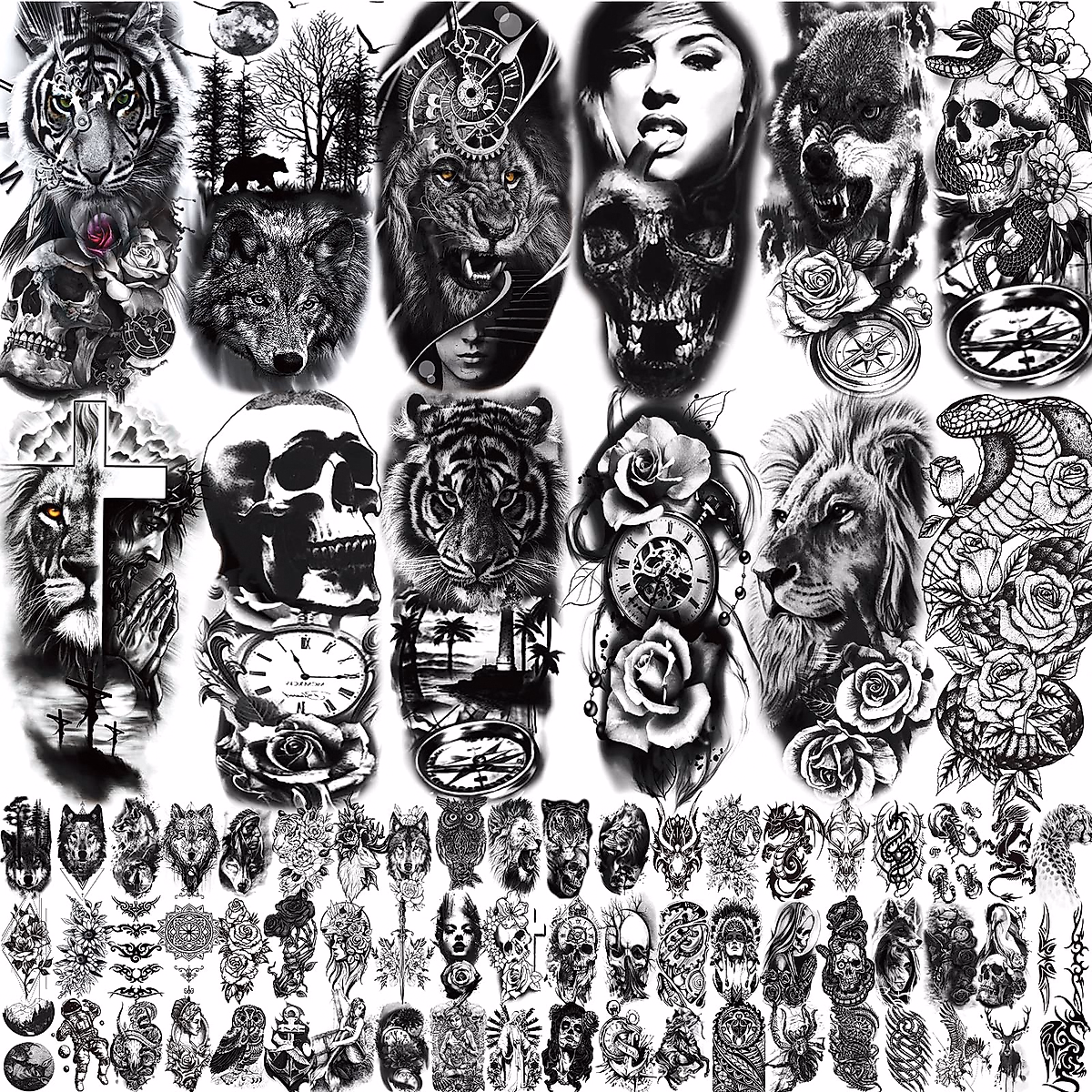 72 Sheets Half Sleeve Temporary Tattoos for Men Women Adults, Tiger Wolf Flower Skull Realistic Temporary Tattoo Stickers for Halloween, Black 3D Rose Animals Fake Tattoos