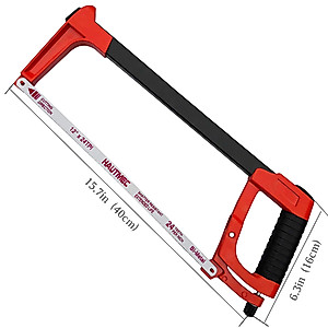 HAUTMEC 12 Inch Adjustable Hacksaw Frame With Blade Cabin, Heavy Duty 45°/90°2 Sawing Angles, 24 TPI High Tension Bi-metal HSS Blade, for Metal, Steel Pipe, PVC, Wood HT0015-CT