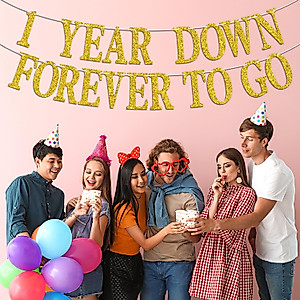 1 Year Down Forever to Go Banner, 1 Year of Marriage Gift, Happy 1st Wedding Anniversary Party Decoration Supplies, Gold Glitter