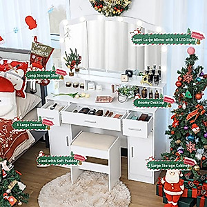 usikey Large Vanity Set with Large Lighted Mirror, Modern Makeup Vanity Table with 3 Drawers, 2 Storage Cabinets & 10 LED Bulbs, Dressing Table with Cushioned Stool for Women, Bedroom, White