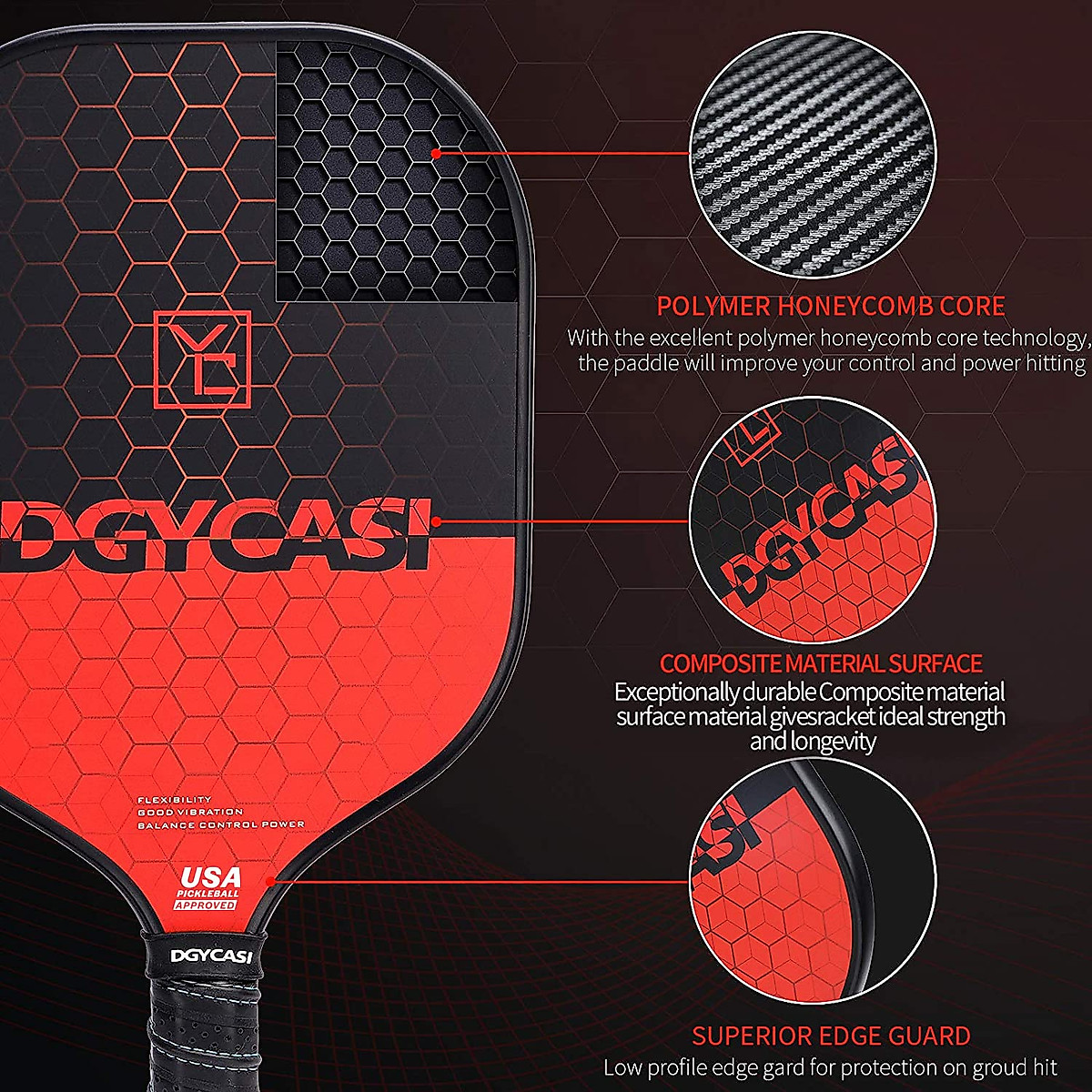 YC DGYCASI Graphite Pickleball Paddles Set of 4, 2024 USAPA Approved, Carbon Fiber Surface (CHS), Polypropylene Lightweight Honeycomb Core, 3 Indoor 3 Outdoor Pickleball, 4 Replacement Soft Grip + Bag