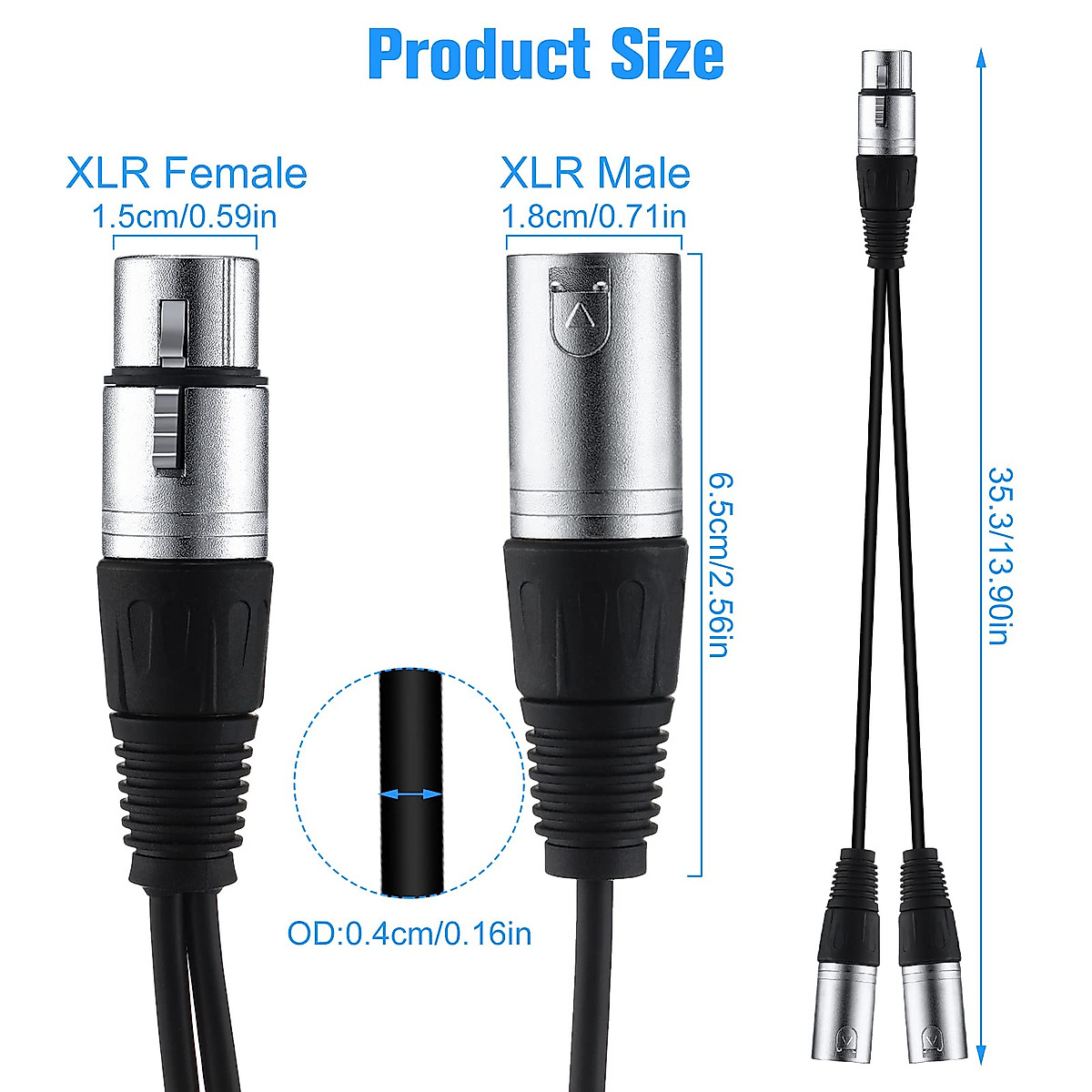 XLR Splitter Cable 1 XLR Female to 2 XLR Male Patch Y Cable Balanced Microphone Splitter Cord Audio Adaptor XLR Y Splitter Microphone Cable for Stereo Mic to L and R Audio Track, 1 Foot (10 Pcs)
