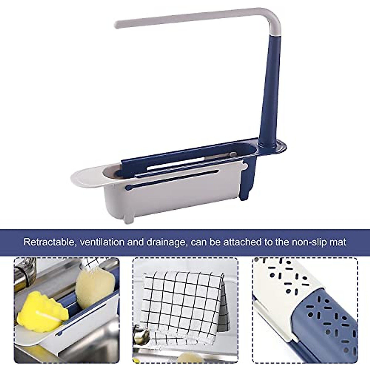 GDSAFS Updated Telescopic Sink Storage Rack, Adjustable Length Drainer Sink Storage Tray Sponge Soap Holder with Dishcloth Hanger Expandable Storage Drain Basket for Home Kitchen (Blue)