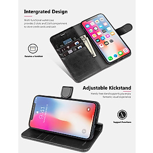 OCASE iPhone X Wallet Case, iPhone 10 Case [ Wireless Charging ] [ Card Slot ] [ Kickstand ] Leather Flip Wallet Phone Cover Compatible with iPhone X/iPhone 10 - Black