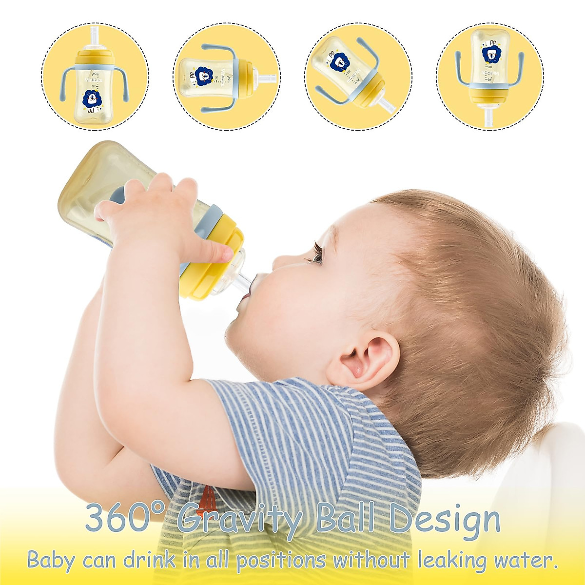 Weighted Straw Sippy Cup,Sippy Cup with Straw and Handles,Weighted Straw Trainer Cup,No-Spill Easy Grip Cup with Soft Flex Spout,with 3 Sippy Spouts for Baby and Toddlers (Blue)