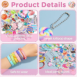 Deekin 147 Pcs Candyland Party Favors Set Include 24 Lollipops Keychains 24 Candyland Silicone Wristbands 50 Candy Stickers 24 Thank You Tags and White Organza Bags Candyland Party Favors