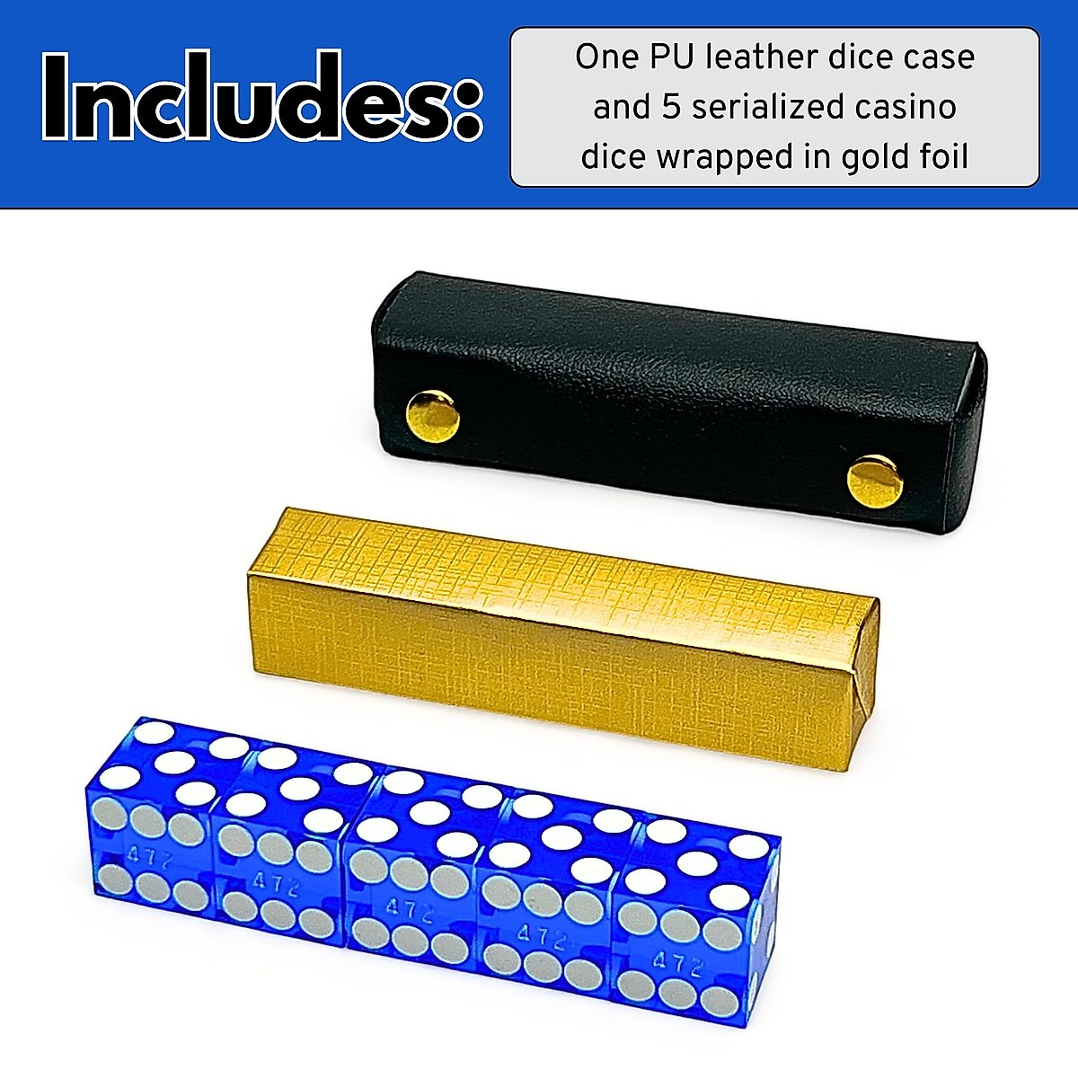 Luck Lab Grade AAA 19mm Casino Dice with Razor Edges and Matching Serial Numbers Set of 5 and Leather Dice Case, Blue