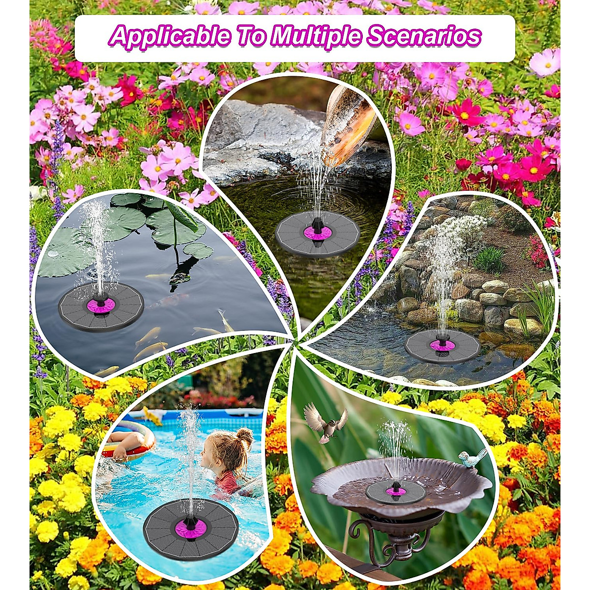 SZMP Solar Fountain 3.5W Bird Bath Fountains with Rosy Flower 2024 Upgraded 100% Glass Panel, Solar Powered Water Fountain with 7 Nozzles, Solar Fountain Pump for Pool, Pond, Garden, Outdoor (Black)