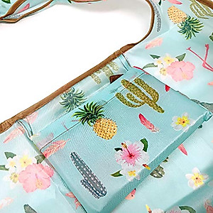 Bowbear Foldable Nylon Reusable Shopping Grocery Bag, Flamingos & Succulents