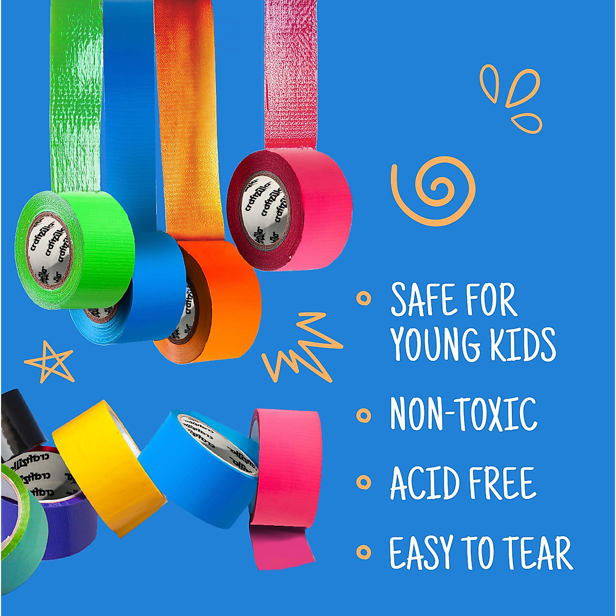 Craftzilla Rainbow Colored Duct Tape — 6 Bright Duct Tape Colors — 10 Yards x 2 Inch — Waterproof Duct Tape — Colored Duct Tape Multipack for Arts — Heavy Duty Duct Tape — Color Duct Tape Rolls