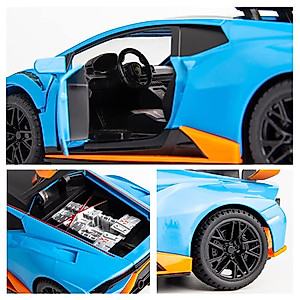 WAKAKAC Model Car 1/24 Scale Compatible for Lambo Huracan STO Die-cast Toy Vehicle Pull Back with Light and Sound Toy Car Door Can be Open (Blue)
