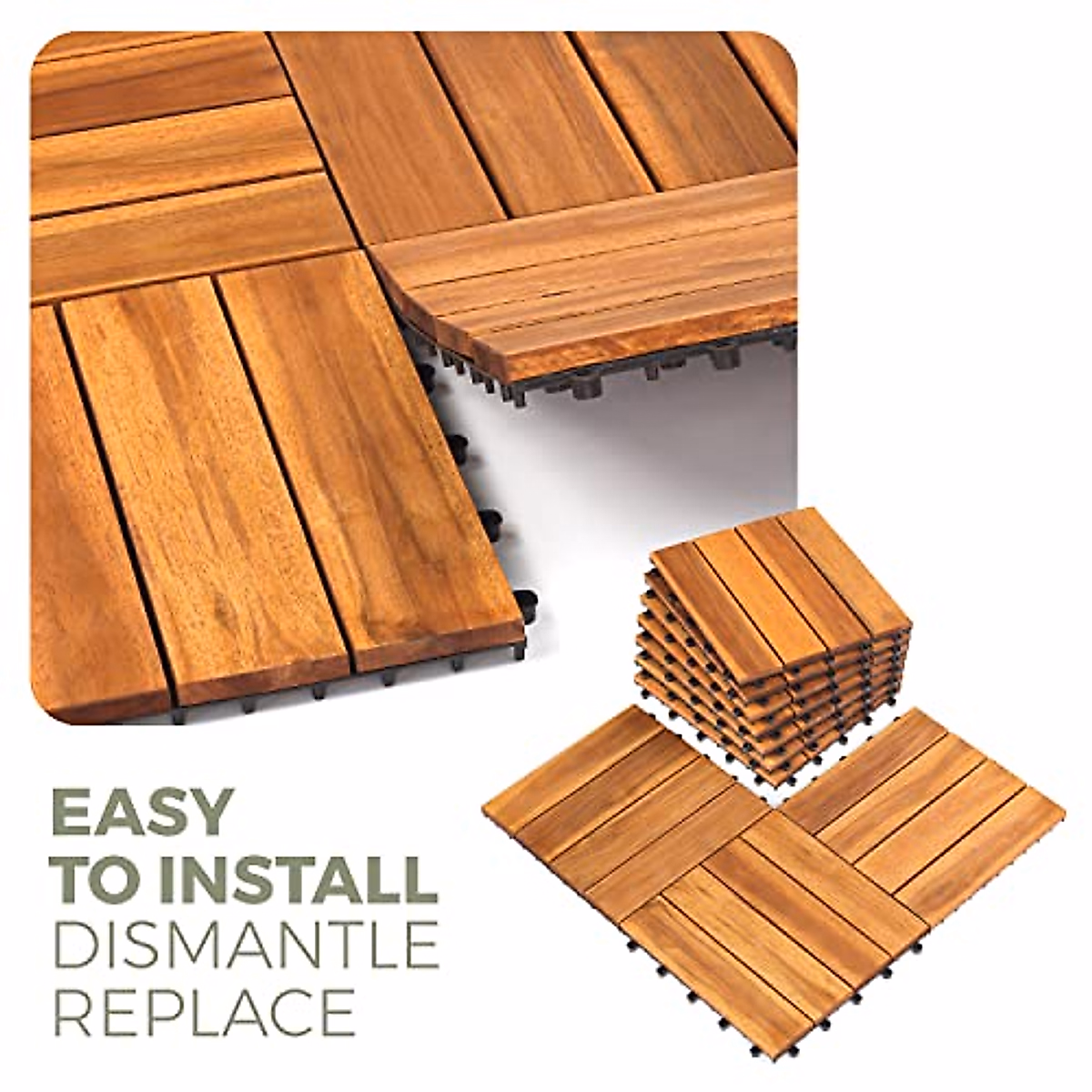 Interlocking Acacia Hardwood Deck Tile (Pack of 10, 12"x12") - Patio Tile With Solid Wooden Oiled Finish, Waterproof All Weather (12x12x0.85 Inch, 4 Slat on Each)