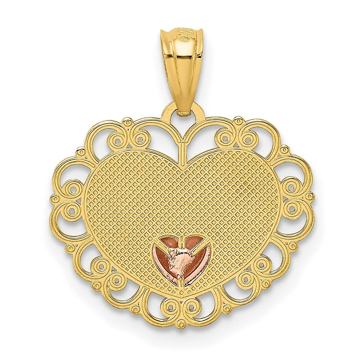 14k Two-Tone Mom Word Small Rose Gold Heart On Large Yellow Gold Filigree Border Heart Pendant 20 mm x 17 mm