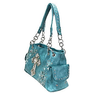 Zzfab Rhinestone Cross Embroidered Floral Western Handbag Turquoise