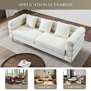 OUYESSIR Cloud Sofa Couch for Living Room, 79" Comfy Deep Seat Boucle Sherpa Sofa with 3 Pillows and Gold Legs, Modern Upholstered 3 Seater Large Loveseat for Bedroom Office, Beige White Teddy