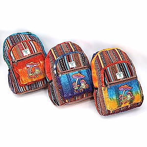 Unique Frog & Mushroom Embroidered Himalaya Hemp Hippie Backpack Festival Backpack FAIR TRADE Handmade with Love. (LARGE)