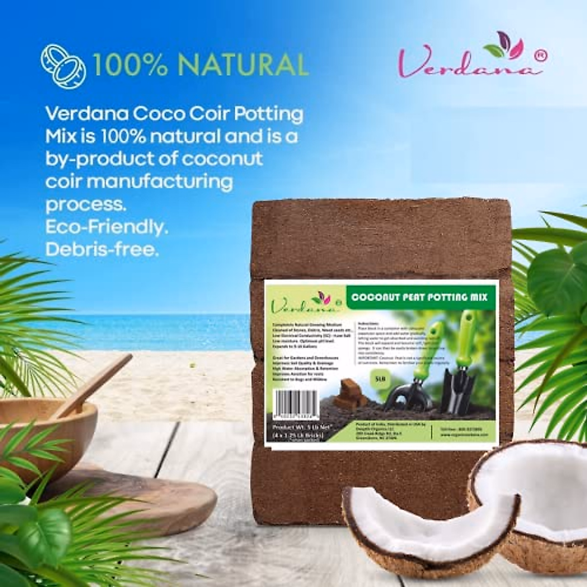 Verdana Coconut Fiber Potting Mix – 5 Lb Pack - 4x 1.25 Lb Compressed Bricks - Coco Coir, Coco Peat, Coir Pith - Alternative to Peat Moss – Soilless Growing Medium - Low EC, Optimum pH, High Expansion