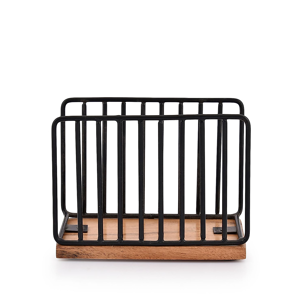 EDHAS Black Iron Wire Tabletop Upright Napkin Holder with Mango Wood Base for Kitchen Dinner Table, Countertop (6" x 3" x 4.5")