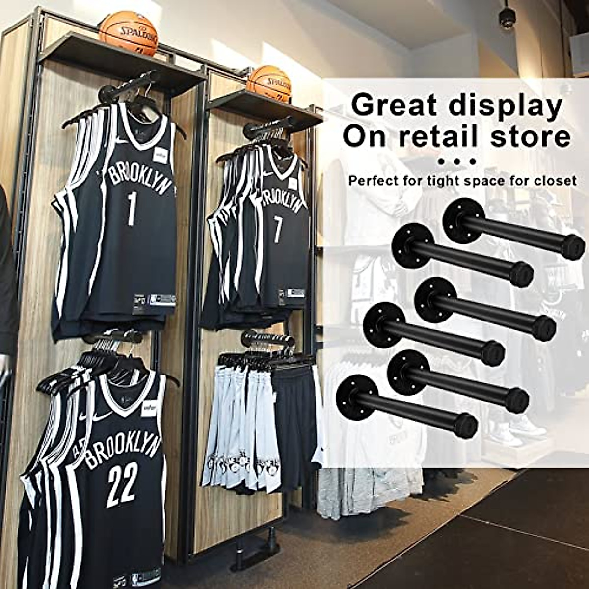 6 Pcs 12 Inch Industrial Pipe Clothes Bar, Pipe Clothing Rack for Hanging Clothes, Wall Mounted Clothes Rack, Wall Clothes Rods, Face Out Pipe Racks for Retail Boutique Display