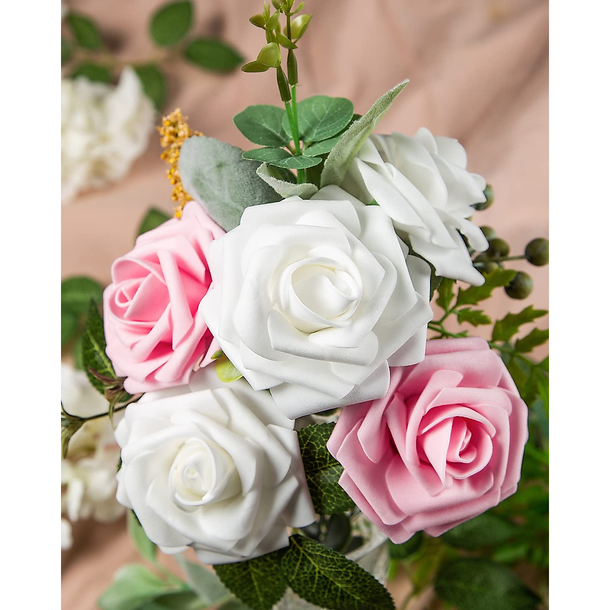 DuHouse 25Pcs Artificial Roses Flowers Fake Roses with Stems Real Touch Foam Flowers for DIY Wedding Bouquet Baby Shower Centerpiece Floral Arrangement Party Home Decor(White)