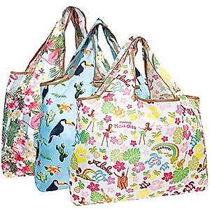 allydrew Large Foldable Tote Nylon Reusable Grocery Bags, 3 Pack, Aloha