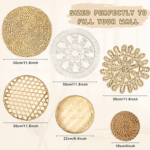 6 Pcs Rustic Hanging Boho Flat Woven Farmhouse Rattan Wall Decor Wall Basket for Living Room Bedroom Decoration