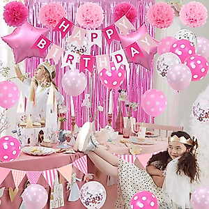 Pink Birthday Party Decorations, Light Pink and White Decorations with Happy Birthday Banner, Tissue Pom Pom Flowers, Pink Foil Fringe Curtain, Happy Birthday Party Supplies for Girls Women Kids